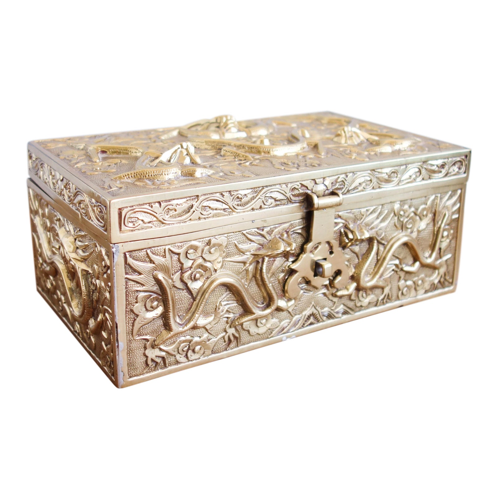 1930s Chinese Gilt Bronze High Relief Dragon Box | Chairish