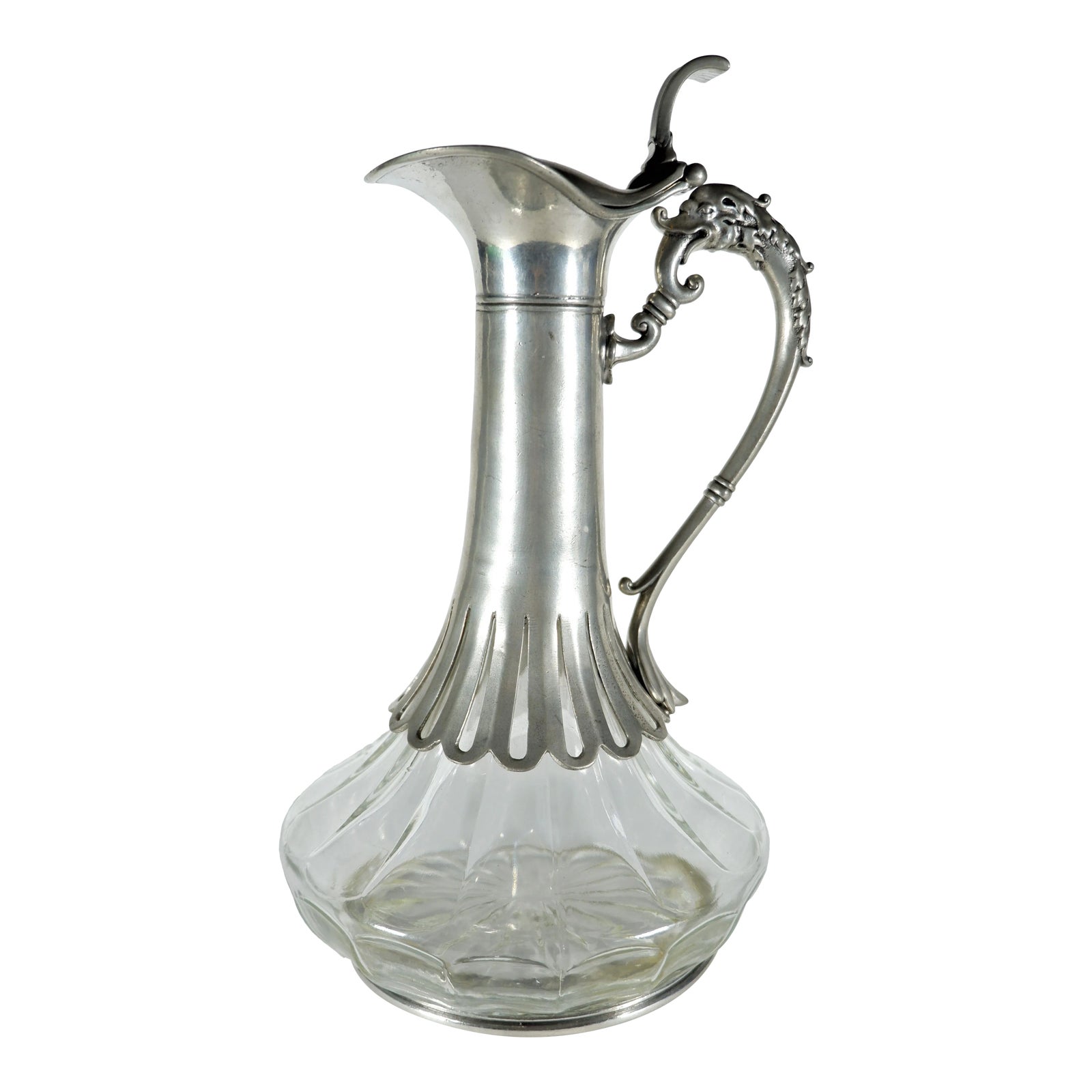 Vintage Pewter and Glass Claret Decanter with Serpent Handle | Chairish
