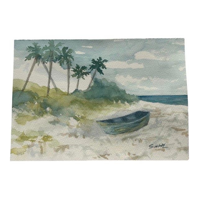 Nancy Smith Original Watercolor Seascape "Boat on the Beach" | Chairish