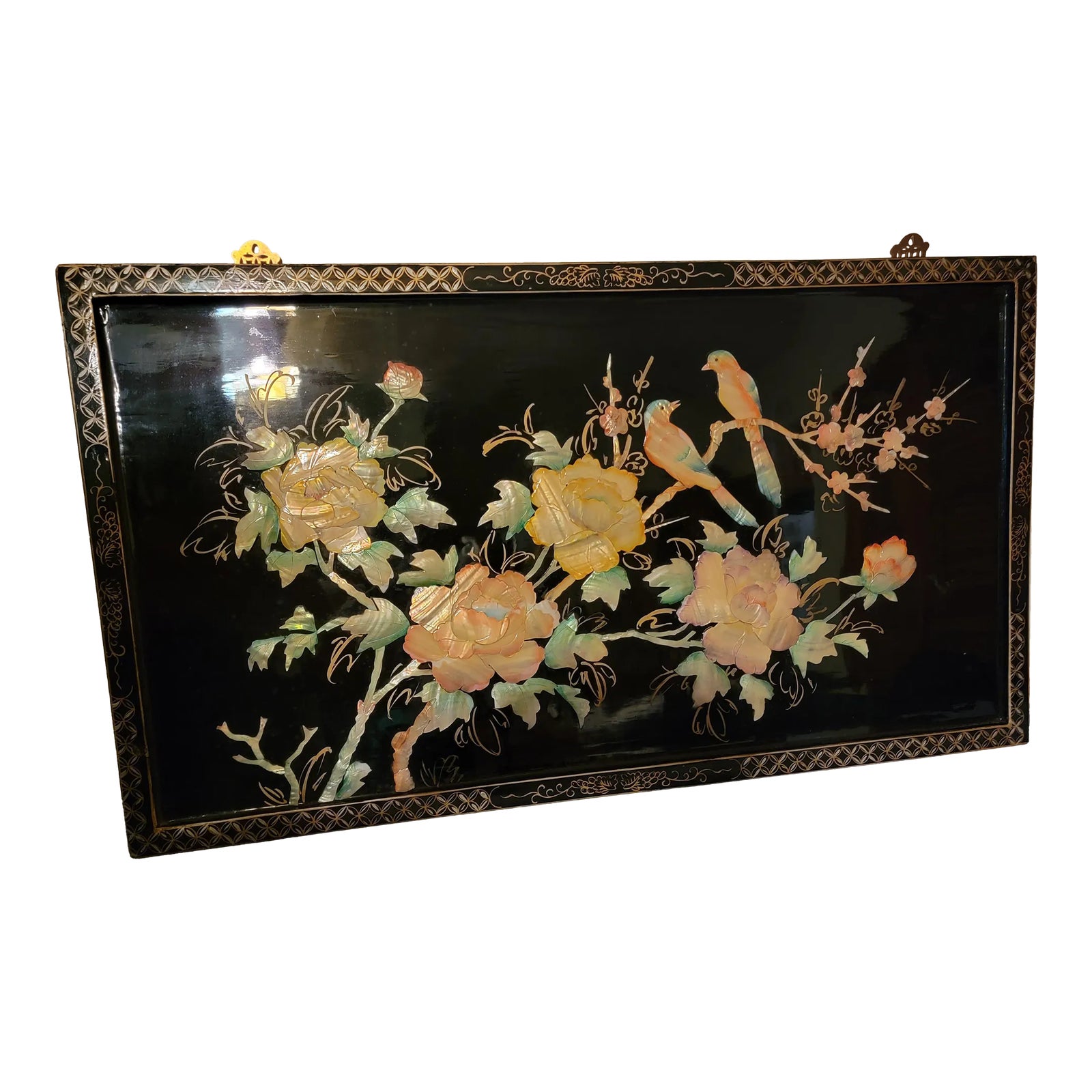 Vintage Oriental Mother of Pearl Birds and Flowers Panel | Chairish