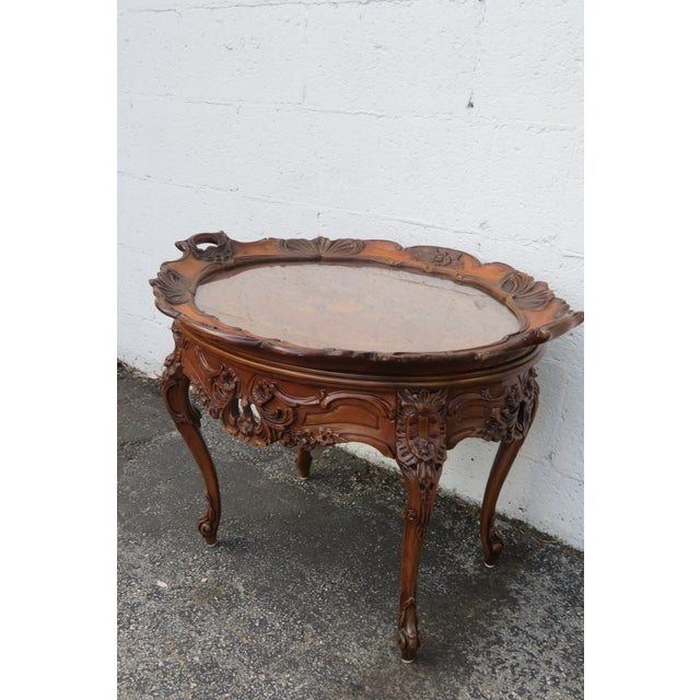 French Heavy Hand Carved Inlay Coffee Table With Glass Tray | Chairish