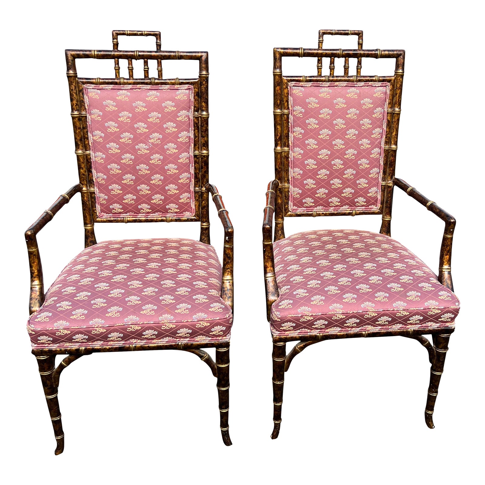 Mid 20th Century Pair of Faux Bamboo & Faux Tortoise Shell Arm Chairs ...