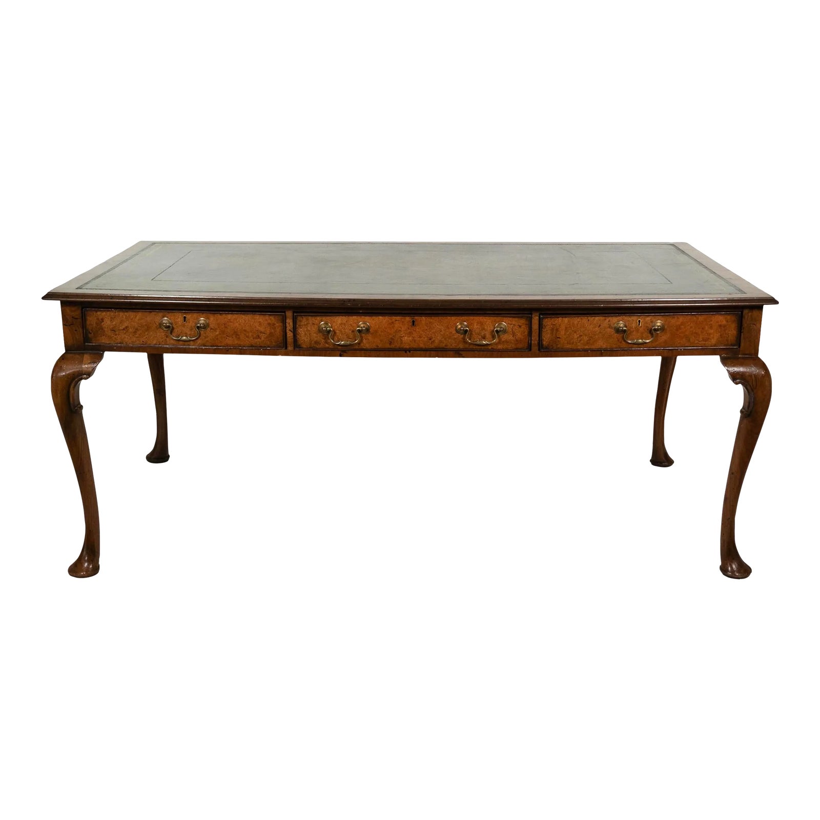 Queen Anne Style Burl Walnut Writing Table With Embossed Green Leather ...