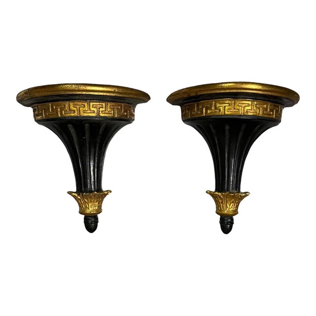 Pair of 1950s Carved Hollywood Regency Greek Key Wall Brackets | Chairish