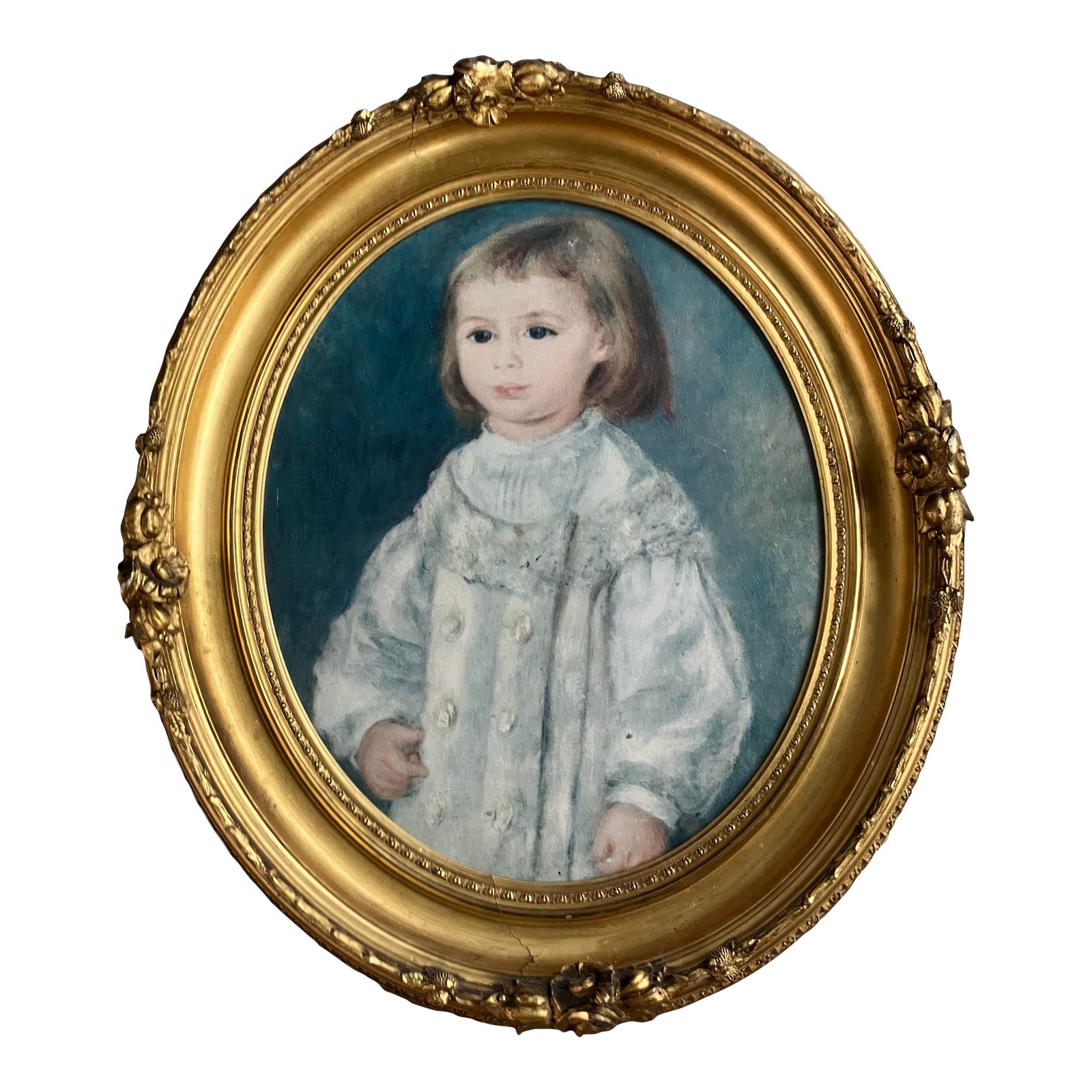 1860's Large French Oil Painting of Young Child Dressed in Lace Finery ...