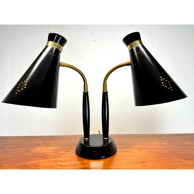 Mid Century Atomic Modern Double Gooseneck Desk Lamp in Black & Brass ...
