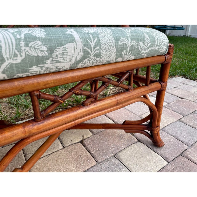 Vintage Coastal Rattan Chinese Chippendale Chinoiserie Bench | Chairish