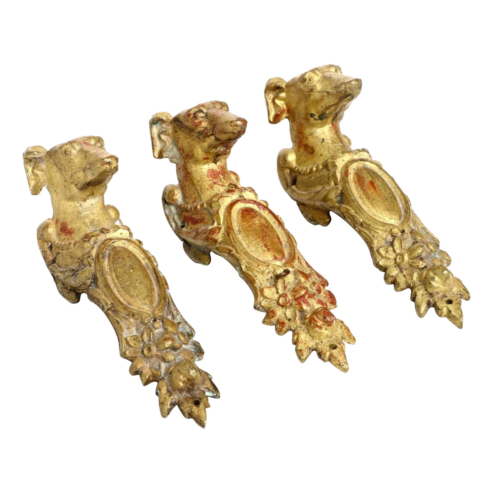 19th Century set of 3 Gilt Bronze Dog Head Door Handles or Drawer Pulls ...