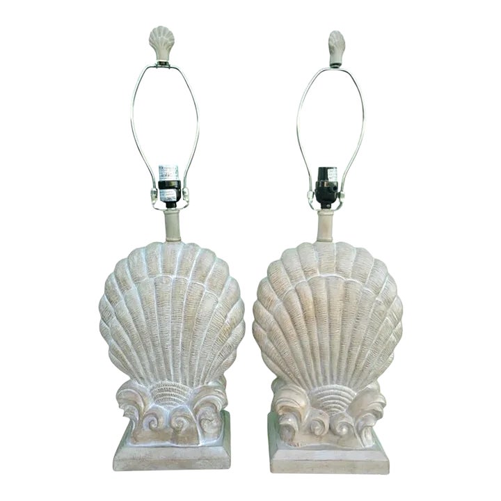 Coastal Regency Ceramic Natural Clam Shell Table Lamps- a Pair | Chairish
