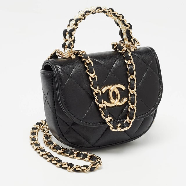 Chanel Black Quilted Leather Micro Cc Pearl Embellished Bag | Chairish