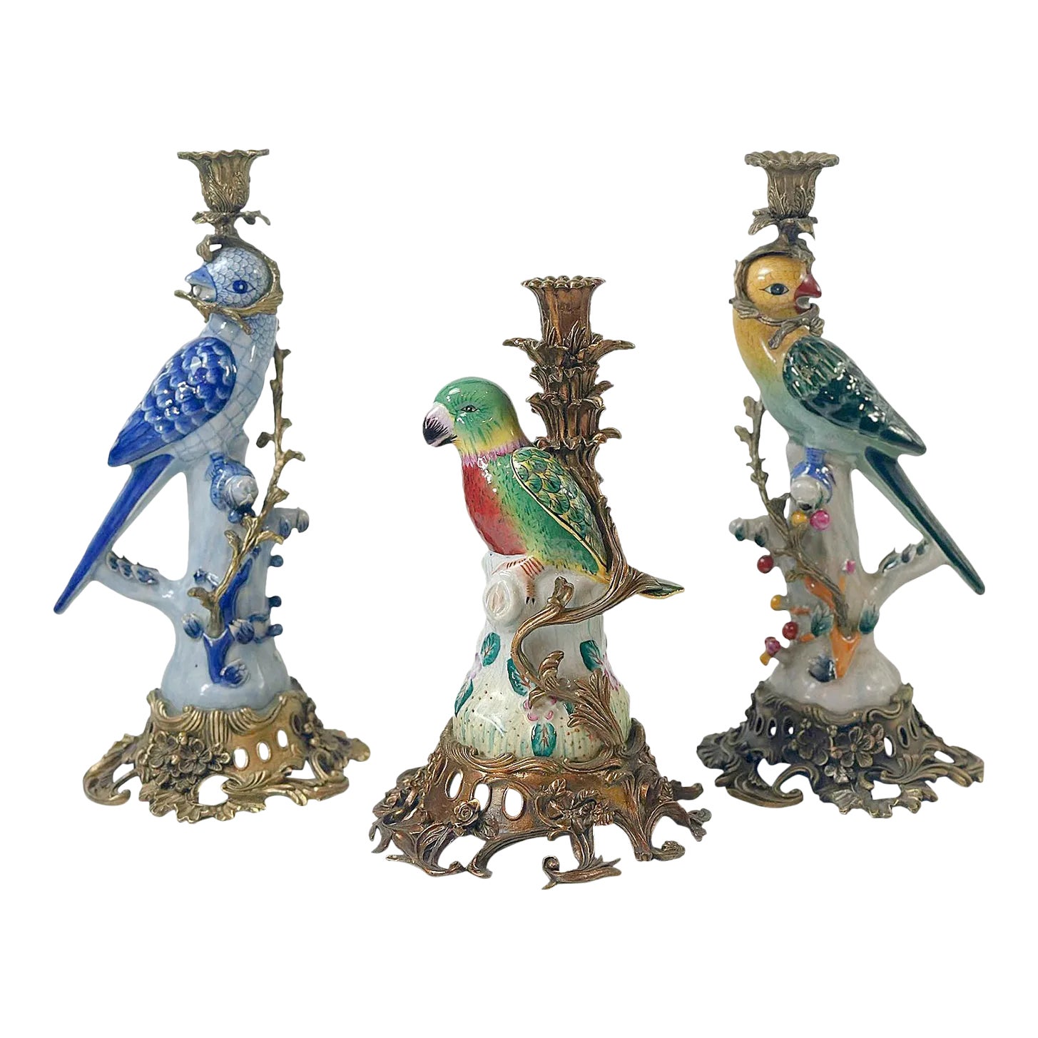 Late 20th Century Porcelain & Ormolu Parrot Candlesticks - Set of 3 ...