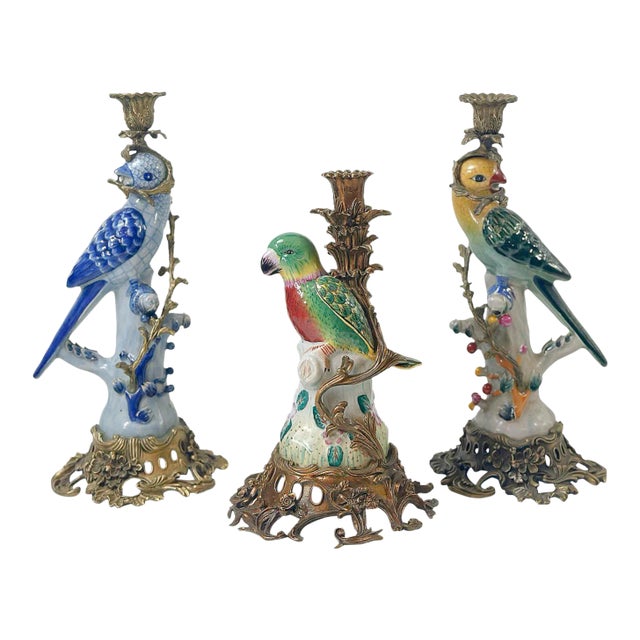 Late 20th Century Porcelain & Ormolu Parrot Candlesticks - Set of 3 ...
