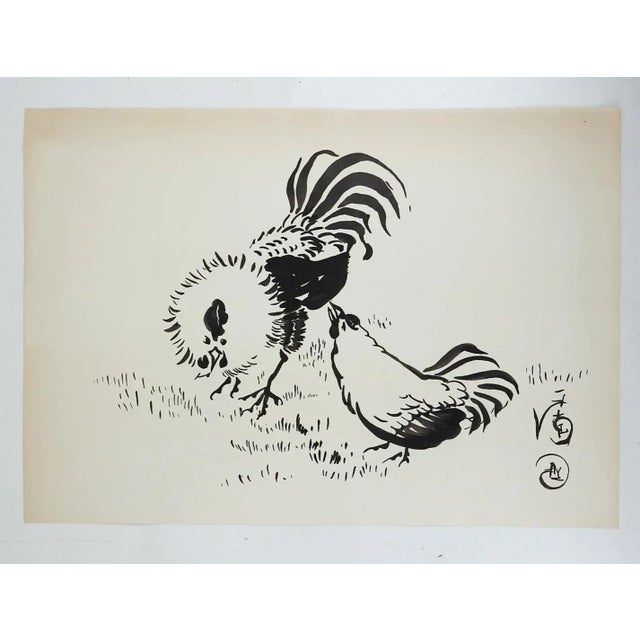 Mid 20th Century Rooster and Chicken Pen and Ink Drawing | Chairish