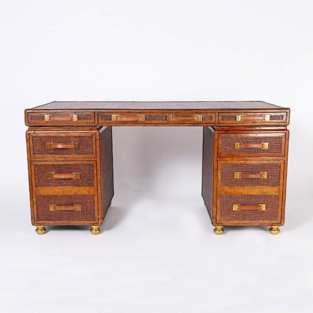 British Colonial Style Grasscloth and Mahogany Desk | Chairish