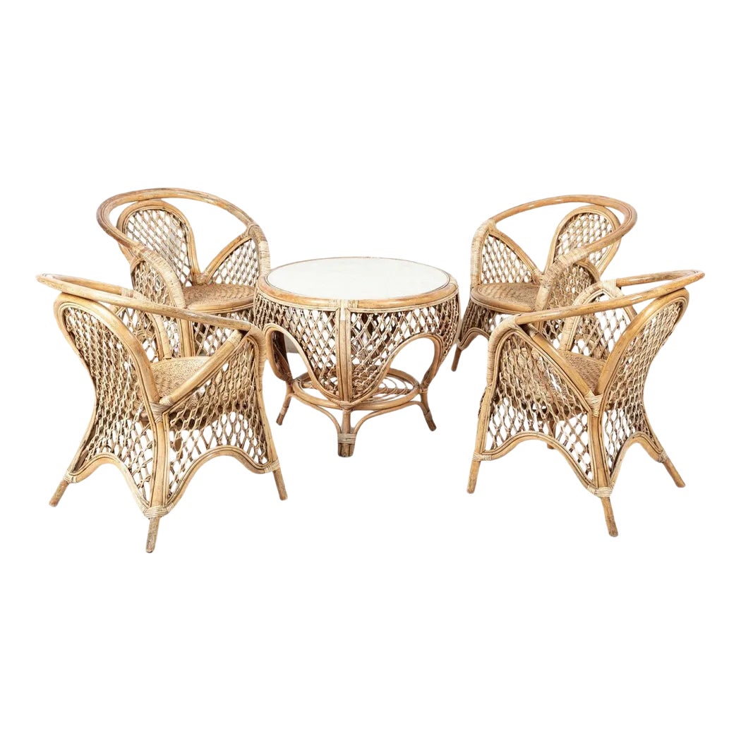 Mid-Century English Cane or Wicker Conservatory Set, Set of 5 | Chairish