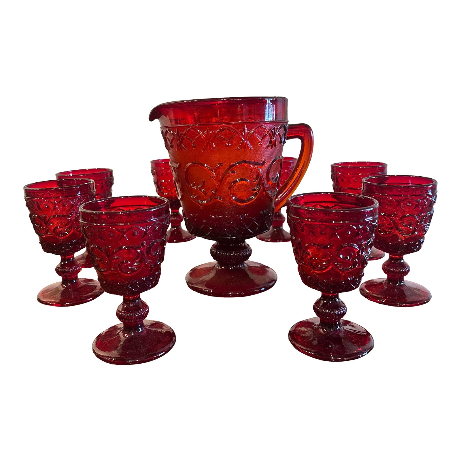 1950s Glass Ruby Water Set- 9 Pieces | Chairish