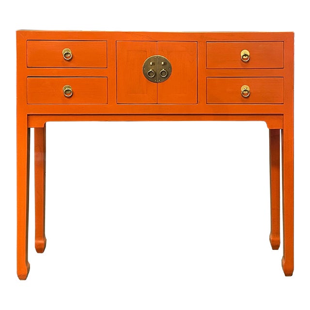 Oriental Orange Lacquer 4 Drawers Slim Narrow Foyer Side Table | Chairish
