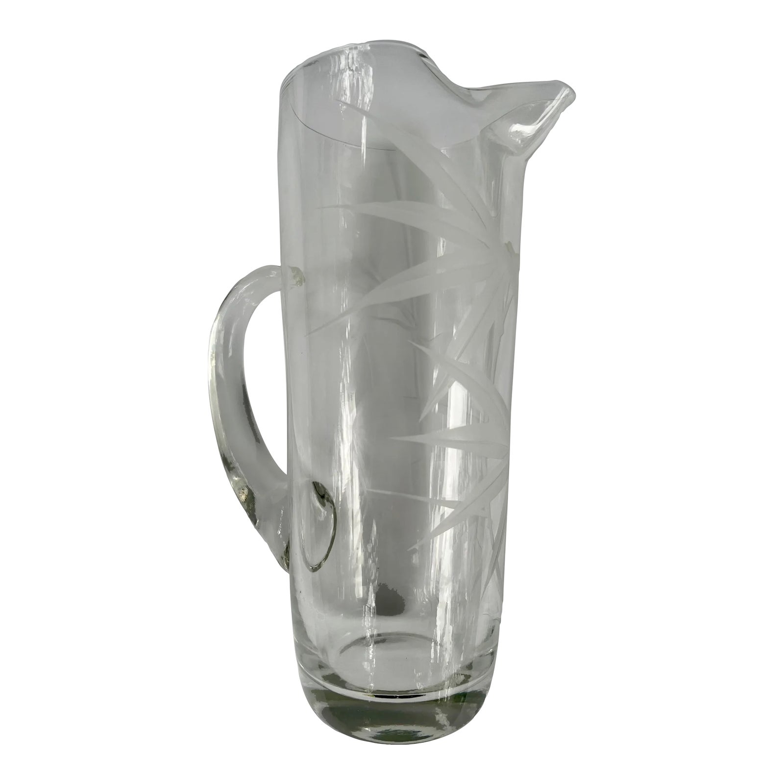 Vintage Clear Glass Pitcher With Etched Bamboo Leaves | Chairish