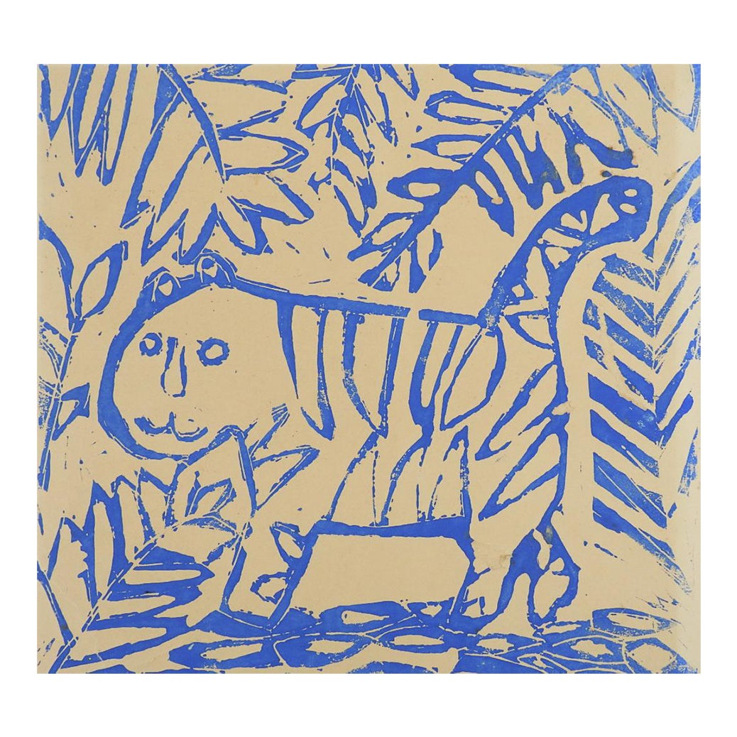 Mid 20th Century Blue Tiger Linocut Print | Chairish
