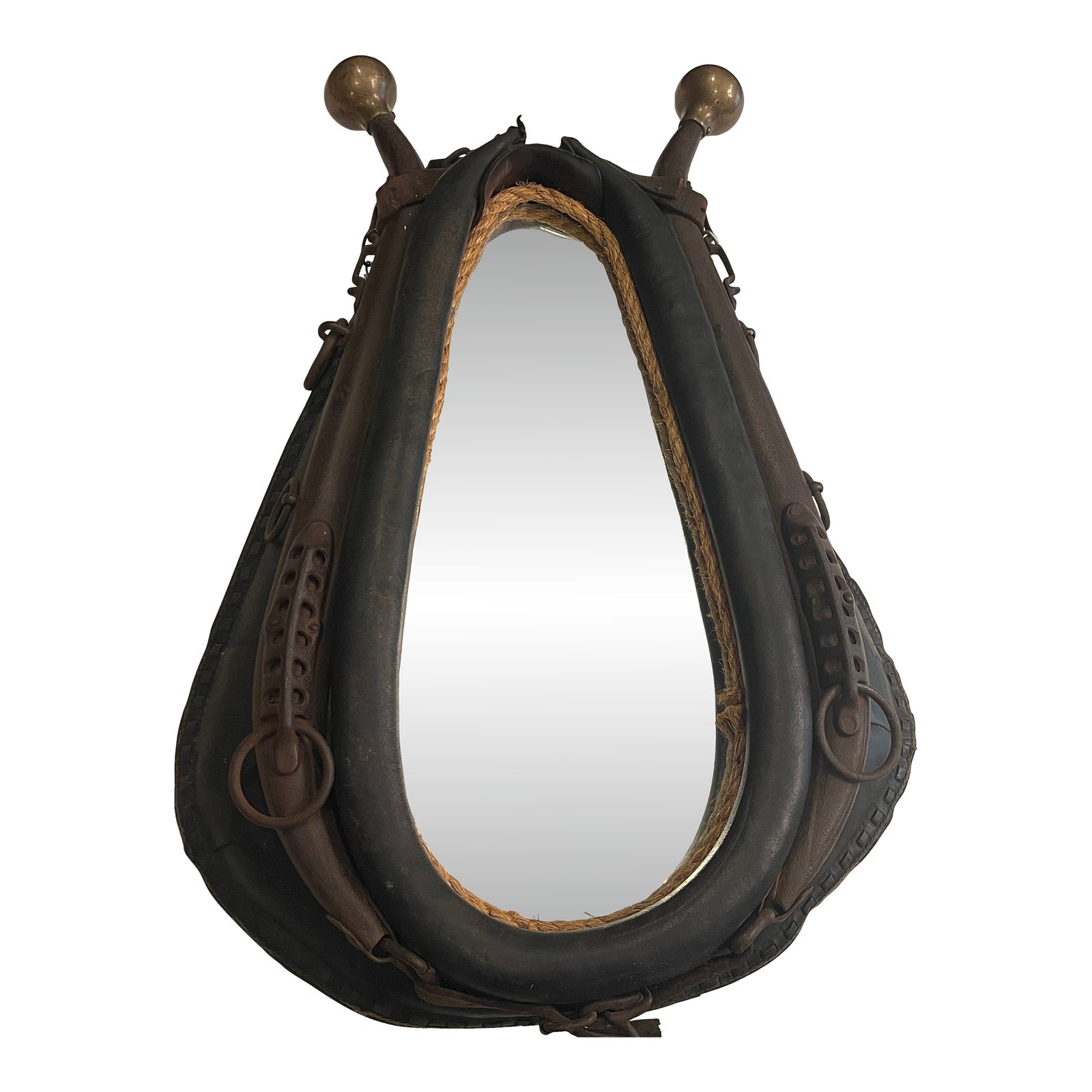 Antique Equestrian Horse Collar Mirror in Weathered Black Leather Early ...