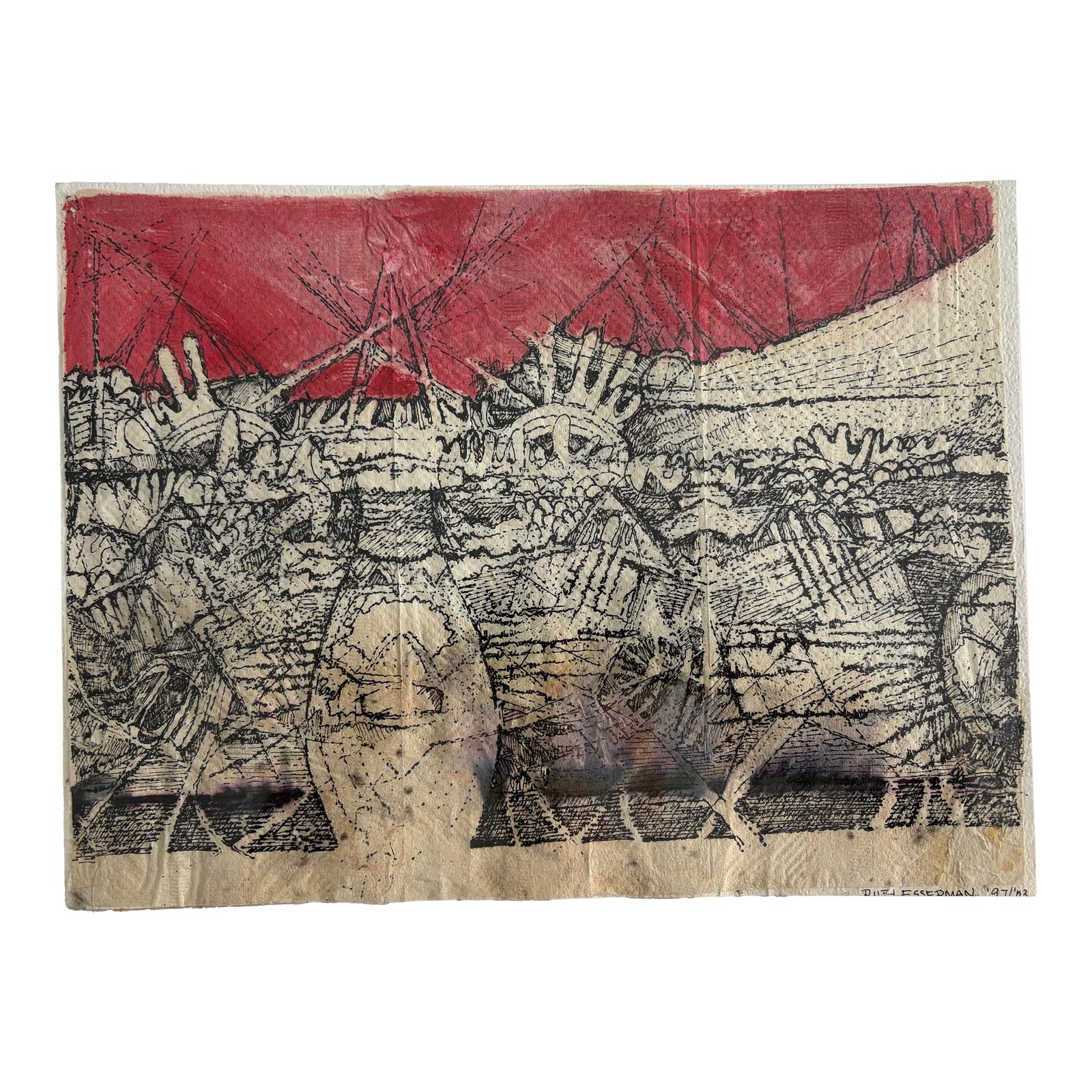 1990’s Ruth Esserman Abstract Landscape Mixed Media on Paper, Red ...