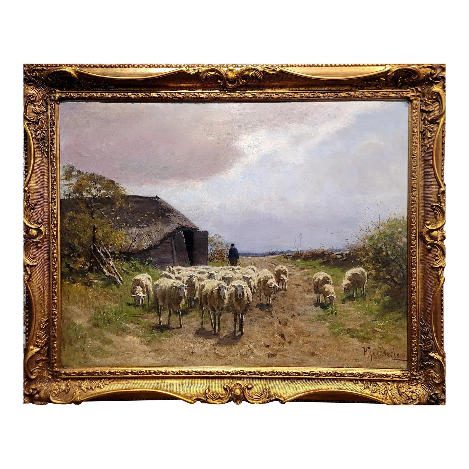 Hermanus Johannes Van Der Weele -Shepherd & Flock of Sheep-Oil Painting ...