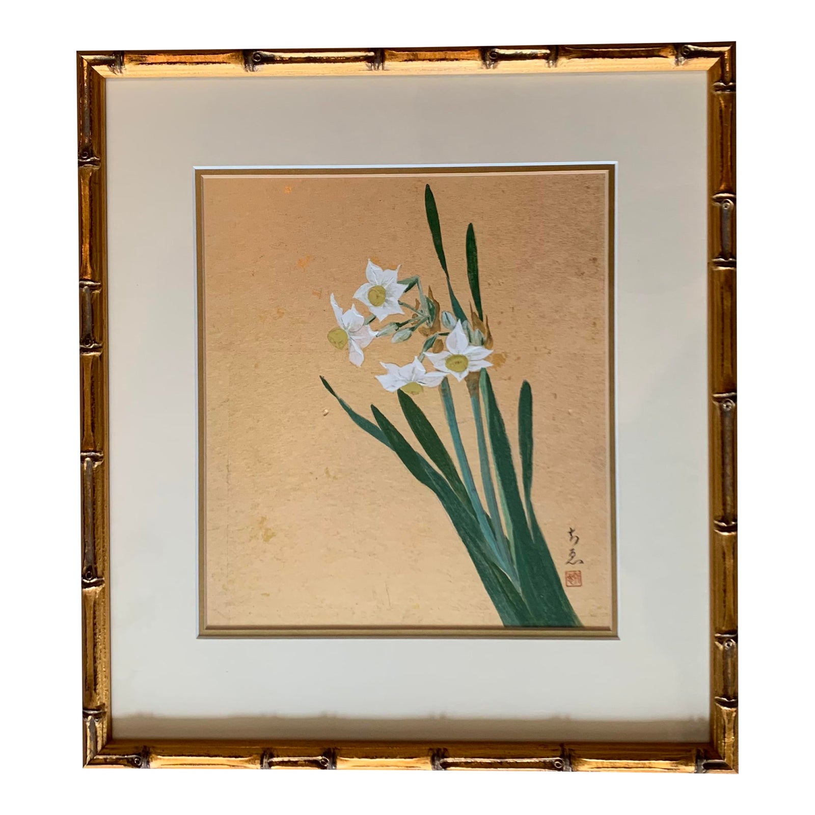 Vintage Japanese Still Life Artwork of Narcissis Flower in Gold Bamboo ...