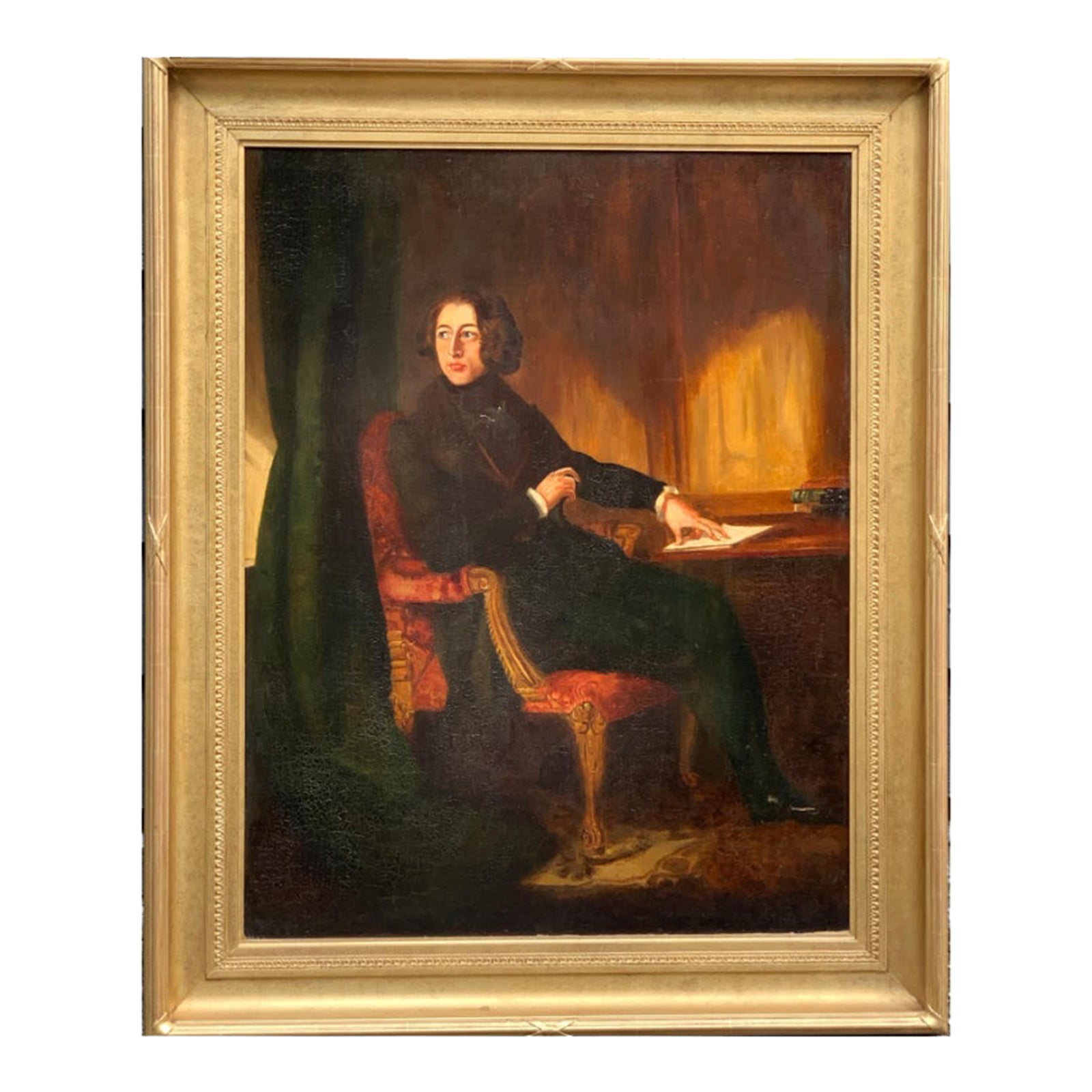 19th Century British Portrait Of Sir Charles Dickens Seated In An