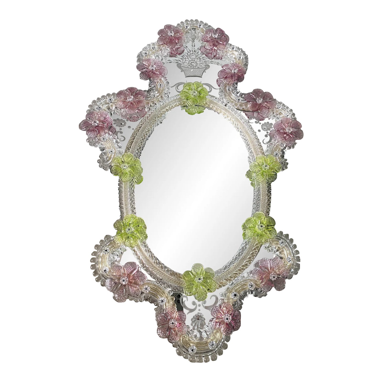 2000s Venetian Oval Green and Pink Floreal Hand-Carving Mirror in ...