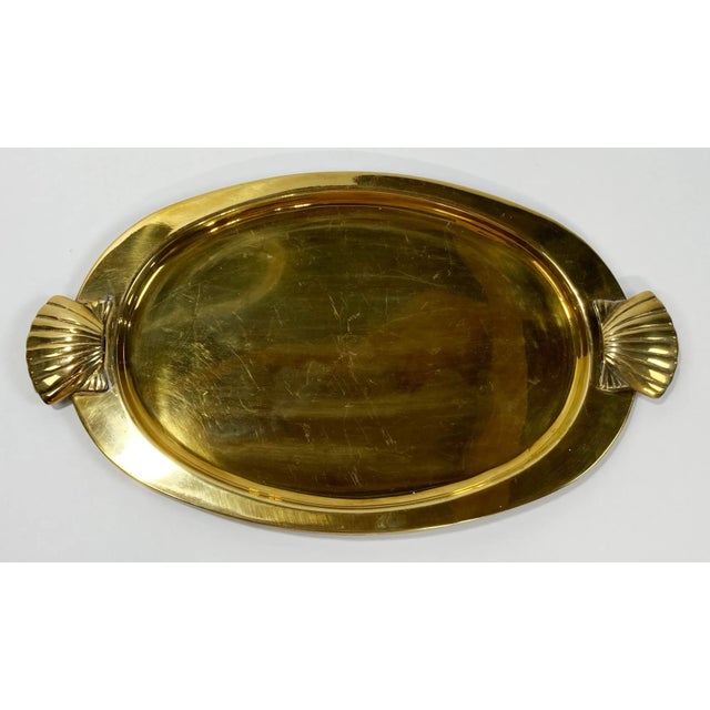 Vintage Brass Oval Shell Motif Handled Tray | Chairish