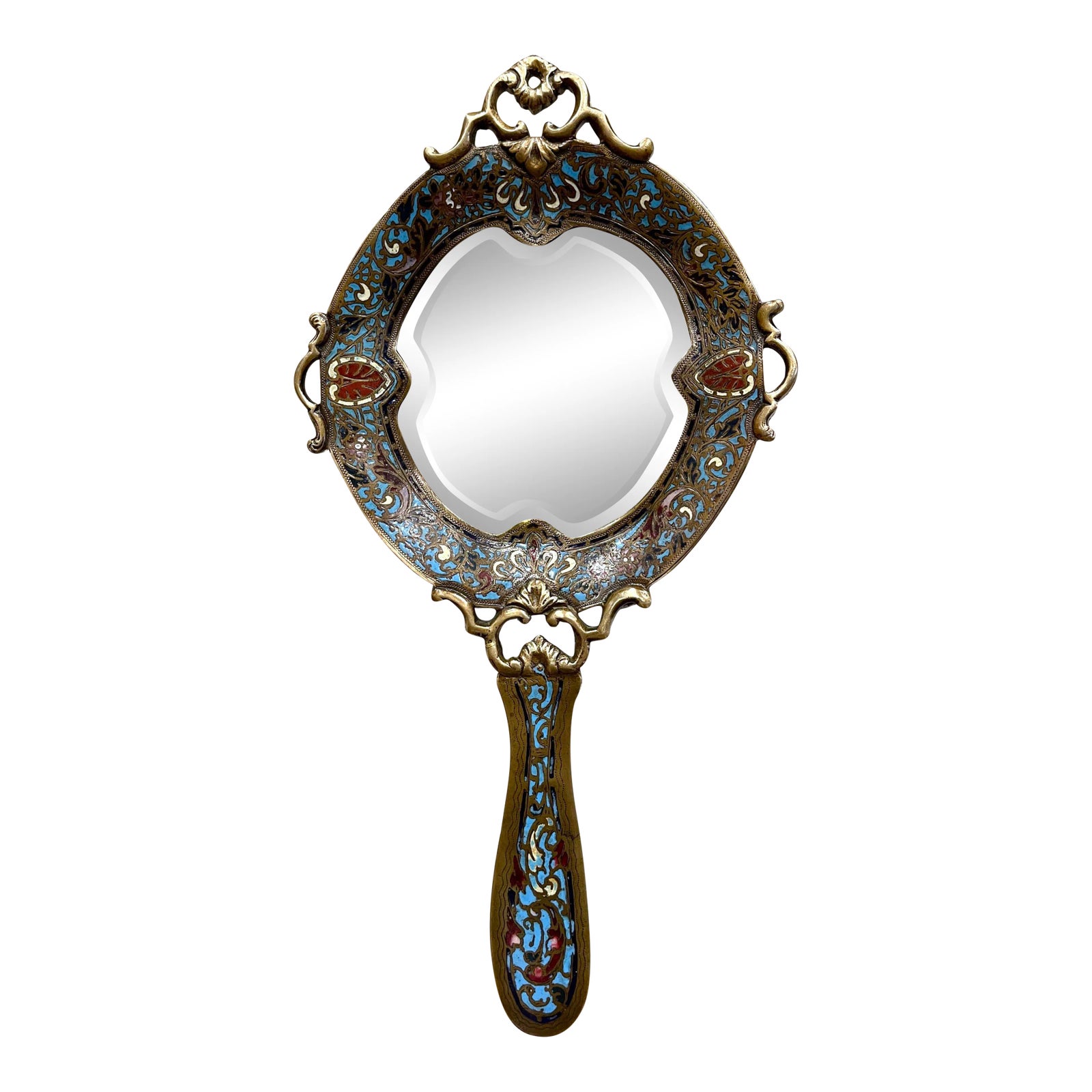 19th Century French Brass and Champleve Hand Vanity Mirror With Beveled ...
