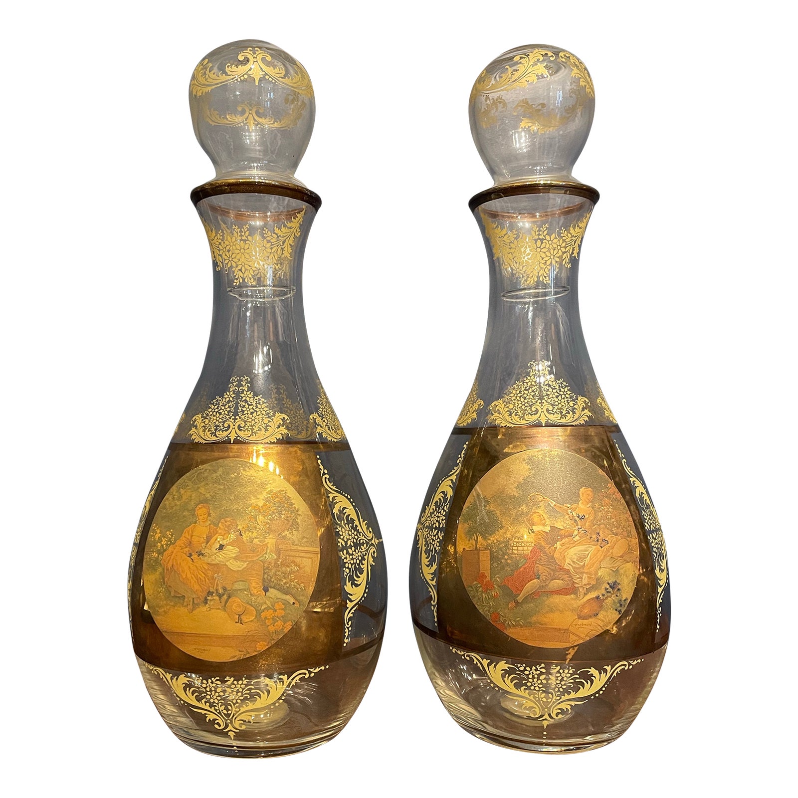 Italian Gold Detail Glass Pair of Decanters by Paul’s Italy | Chairish