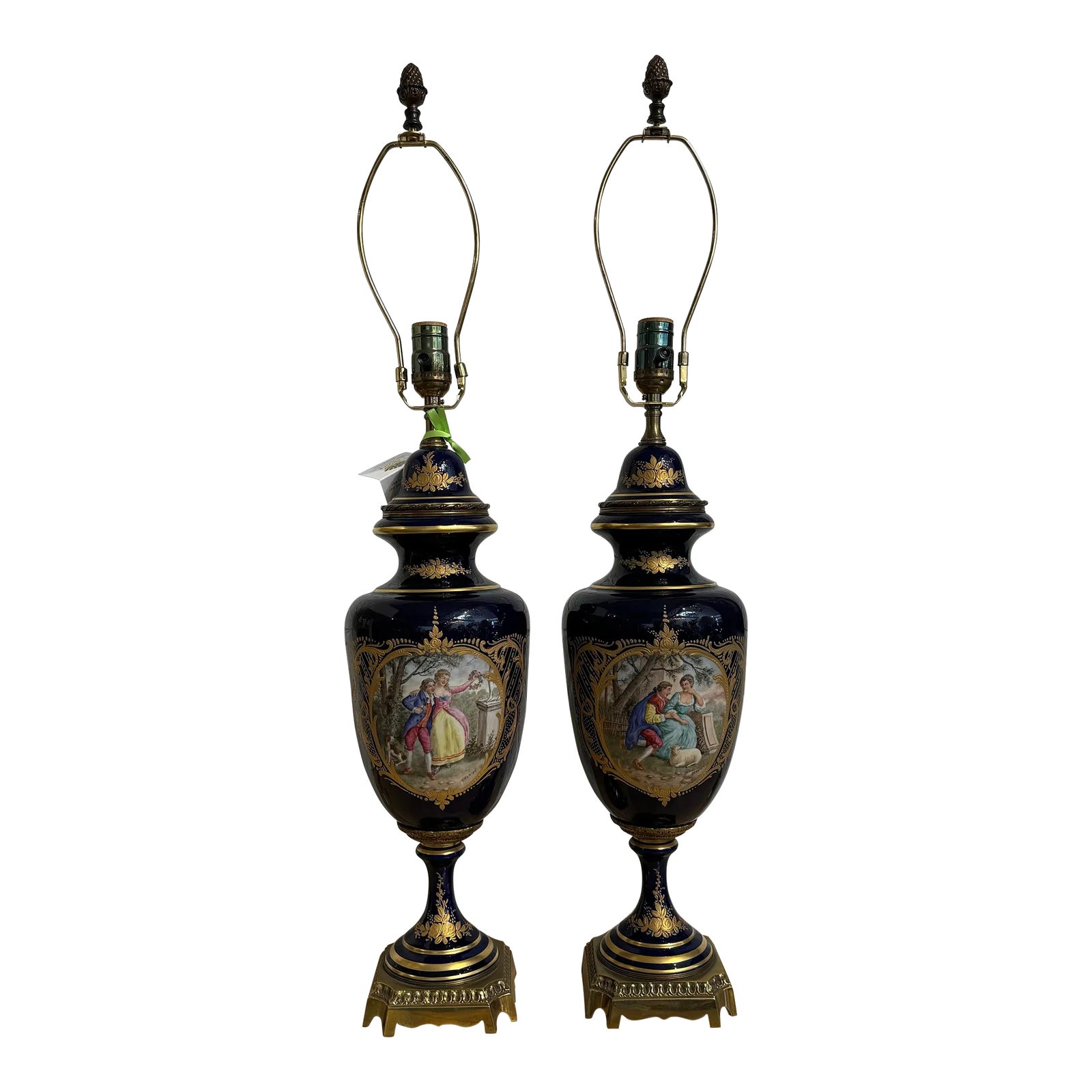 Pair of Antique Cobalt Blue German Porcelain Scenic Table Lamps | Chairish