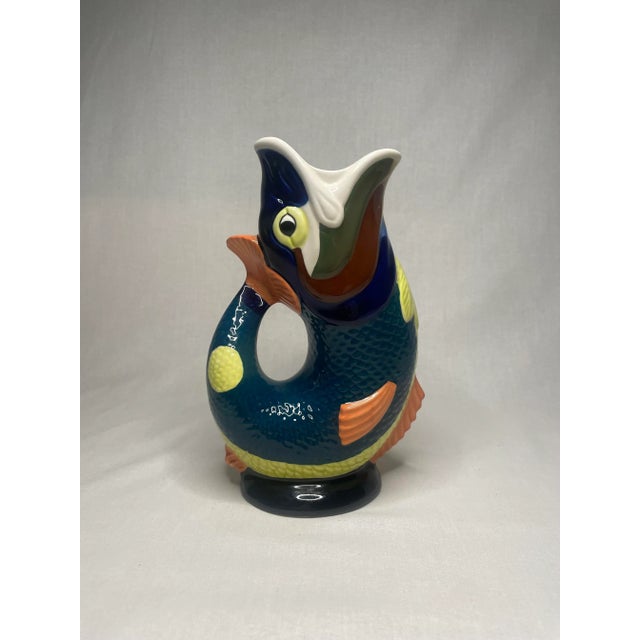 Late 20th Century Gluggle Fish Ceramic Pitcher in Teal, Orange and ...