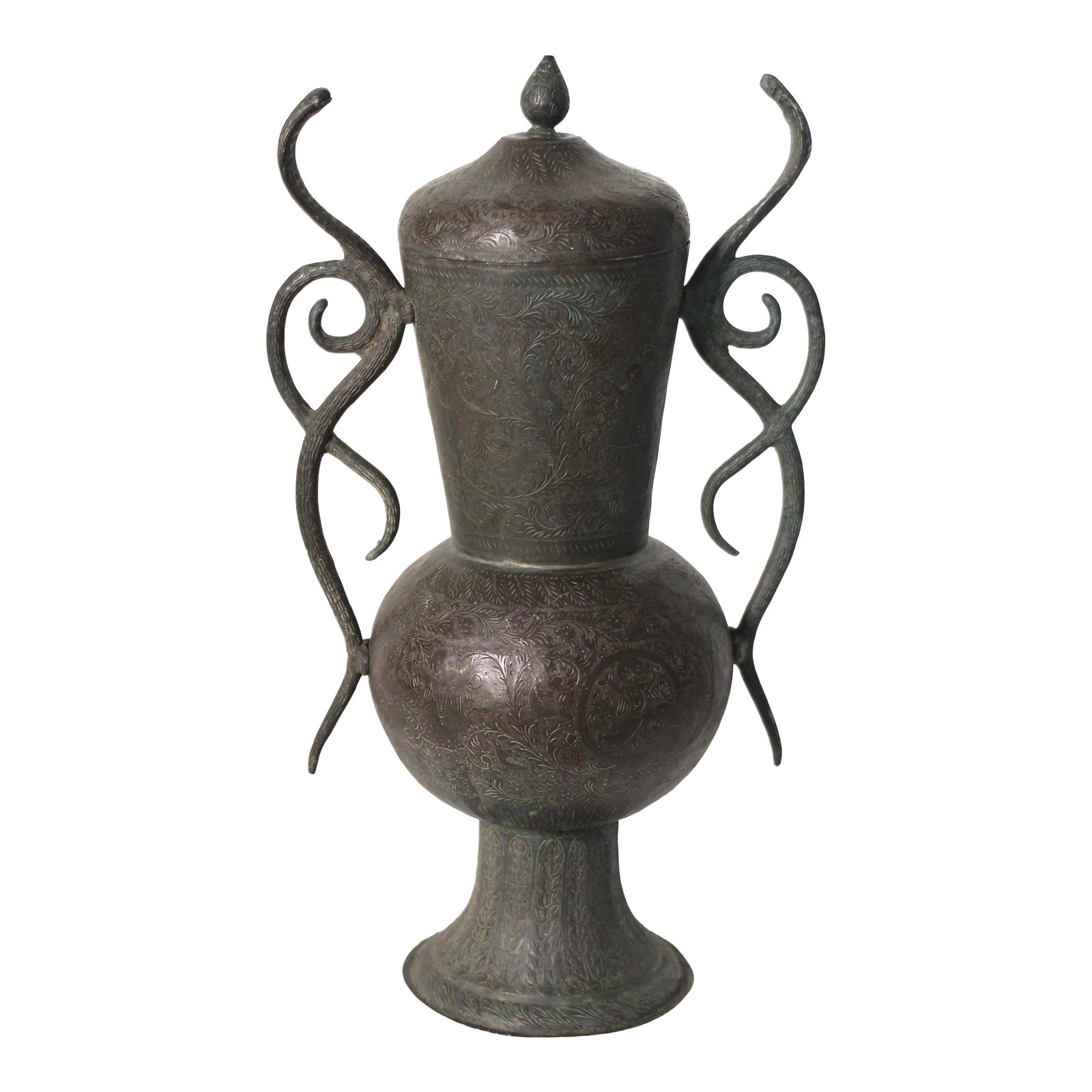 Late 19th Century Indian Brass Vase With a Lid and Scroll Cobra Handles ...