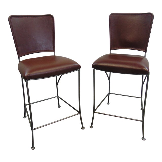 Rustic Leather & Iron Bar Stools - a Pair | Chairish
