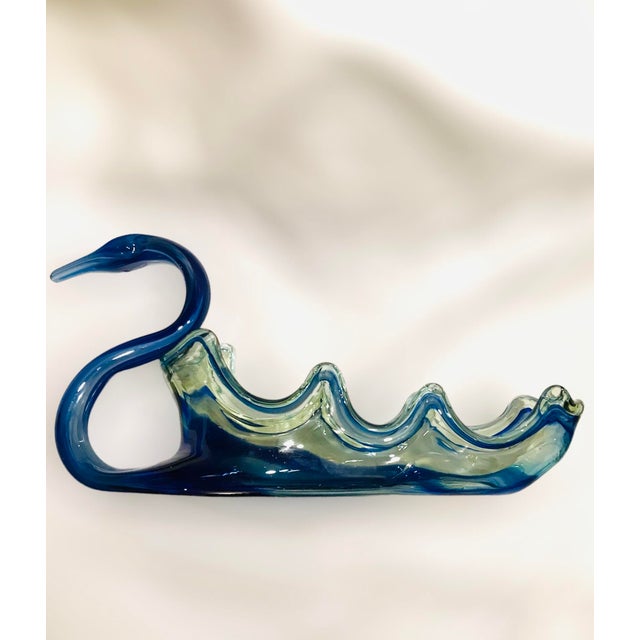 1970s Large Blue Hand-Blown Sooner Swan Slag Art Glass Large Decor Bowl ...