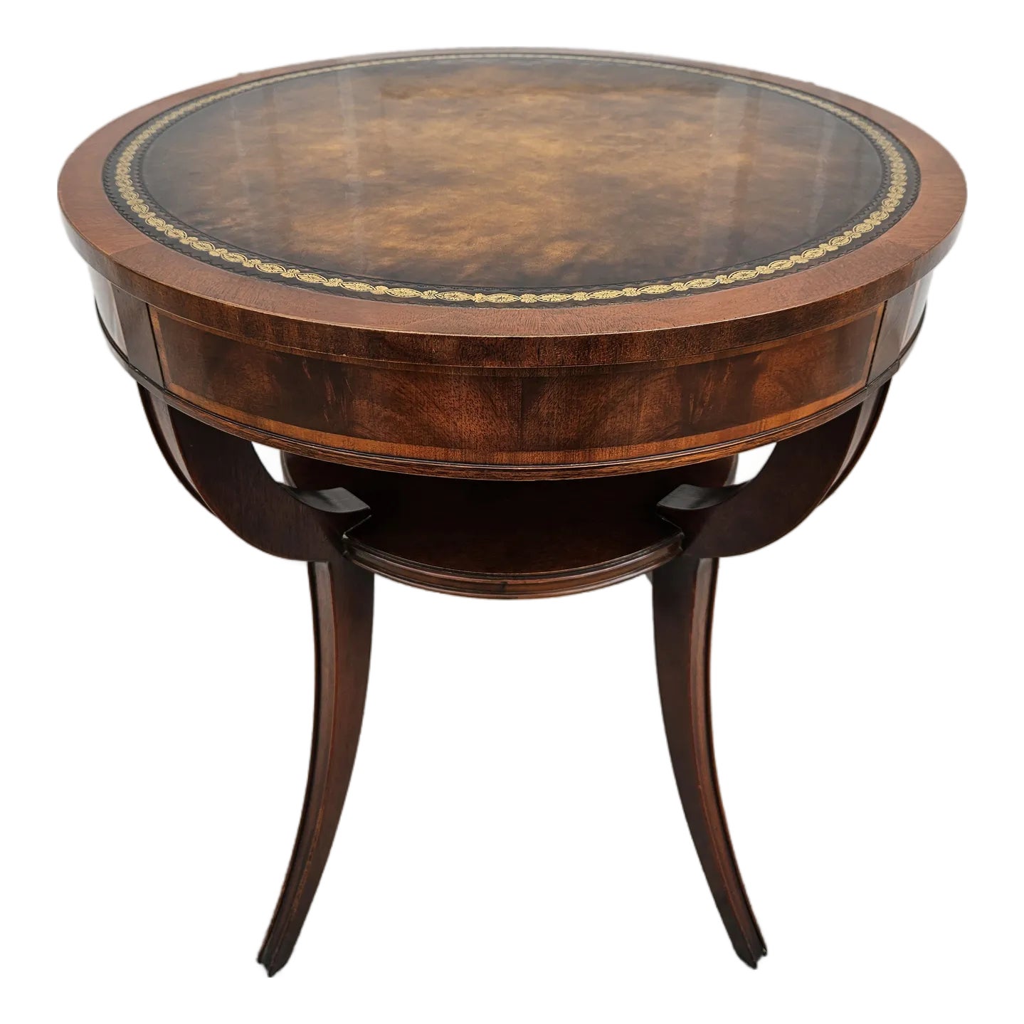 Weiman Mahogany and Leather Top Round Side Table | Chairish