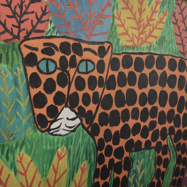 Vintage Haitian Painting of a Leopard by Ti Tra Jean Fatreuse Delva ...