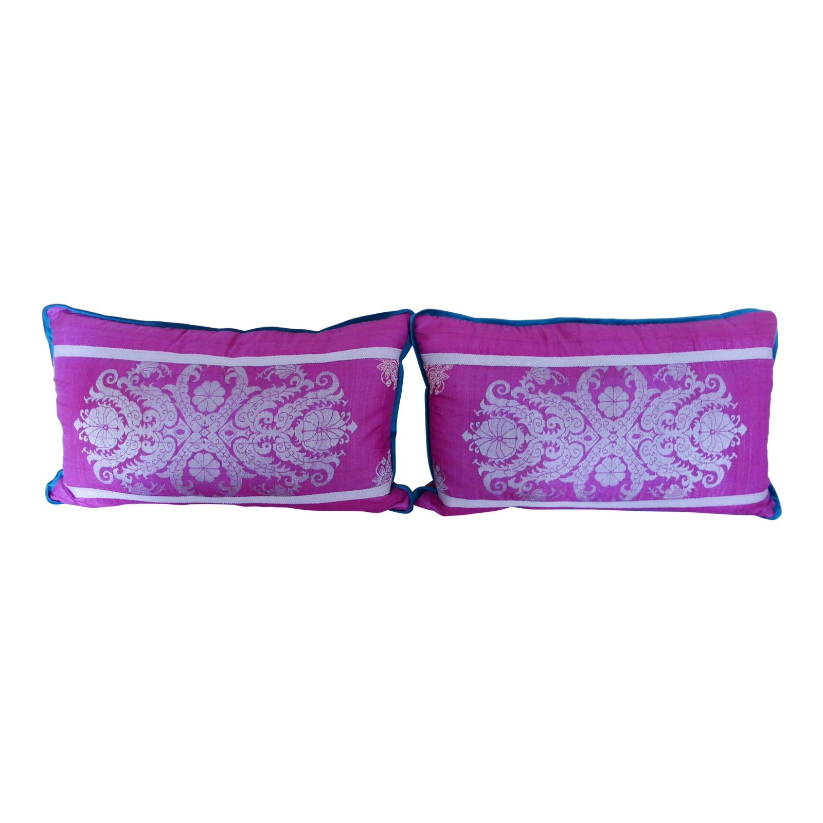Custom Fuchsia Silk Patterned Pillows - A Pair | Chairish
