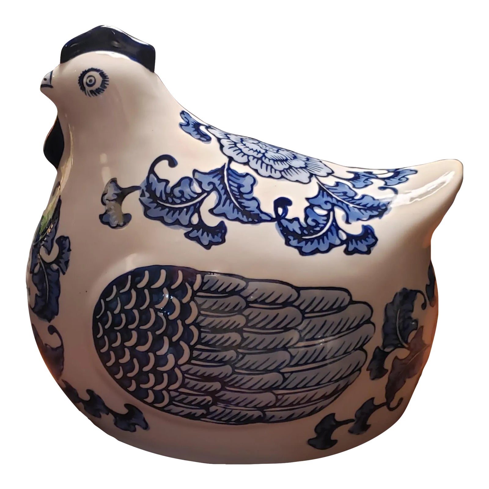 Vintage 1970s Apropos Hand Painted Blue & White Hen | Chairish