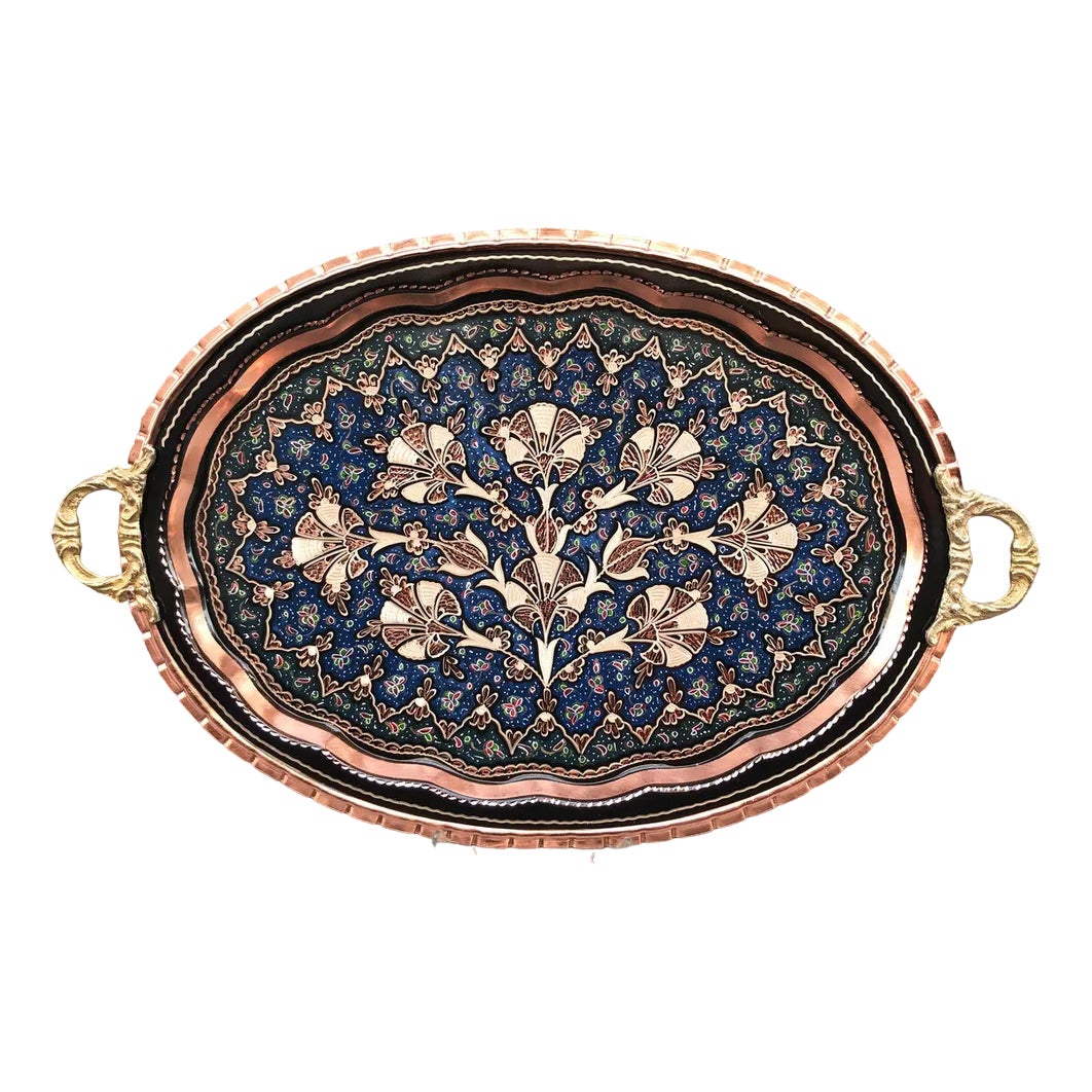 Hand Carved Clove Copper Serving Tray with Handles | Chairish