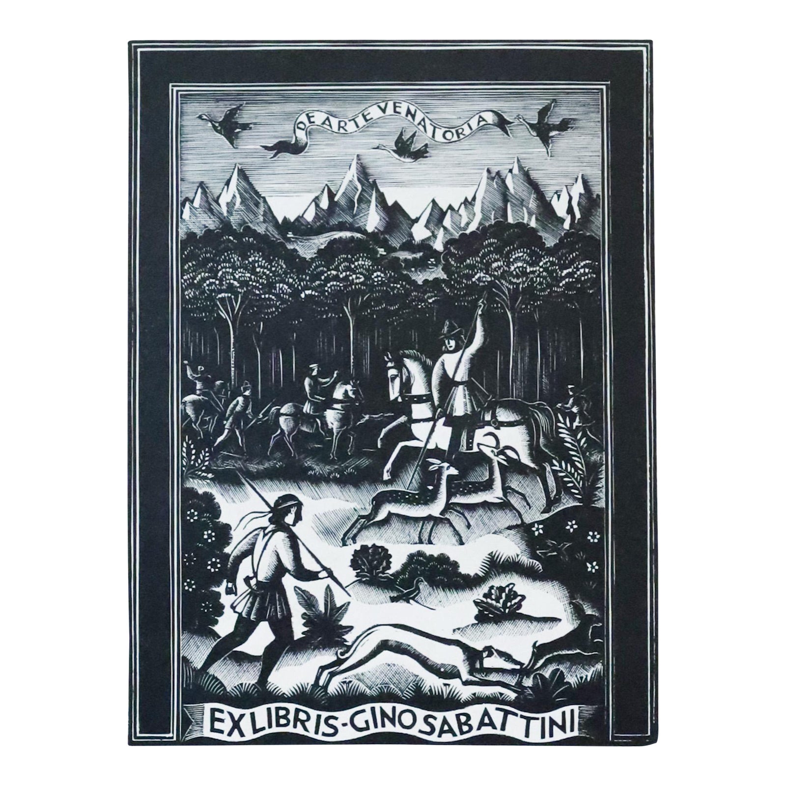 1938 Italian Engraving Bookplate (Ex Libris), De Arte Venatoria (Matted ...