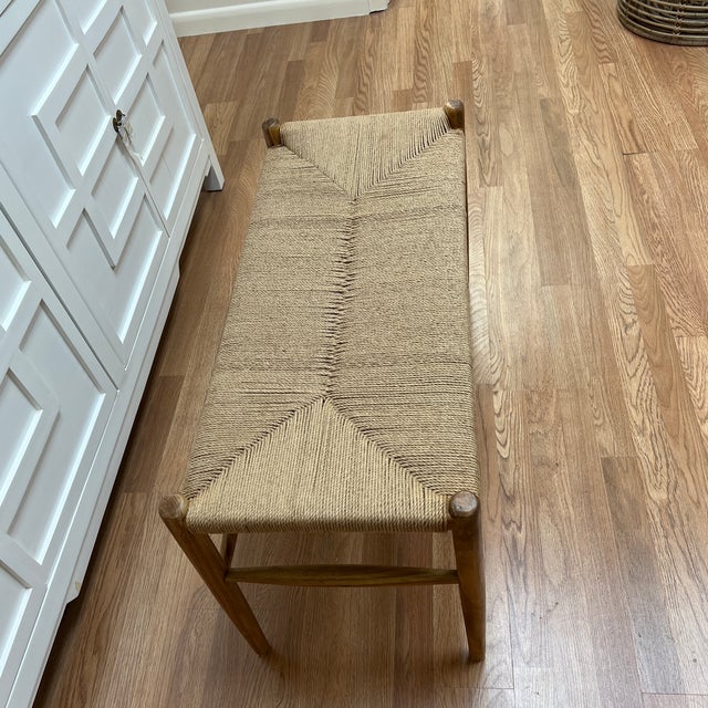 Natural Teak Wood and Rush Bench | Chairish