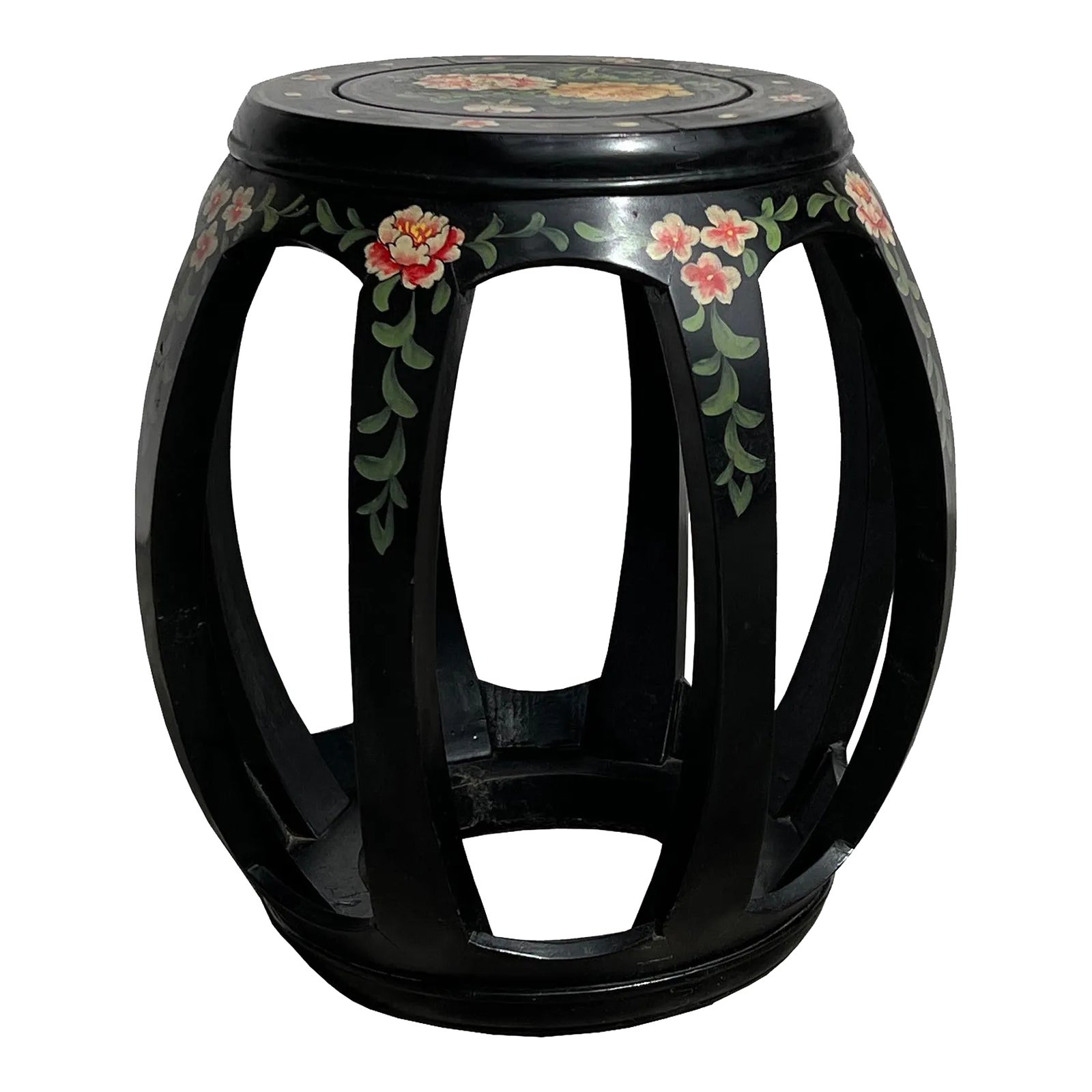 Chinese Black Color Flower Graphic Round Barrel Shape Wood Stool | Chairish