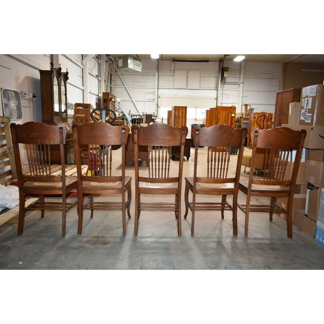 Vintage Mid Century Oak Pressback Cain Chairs - Set of 5 | Chairish