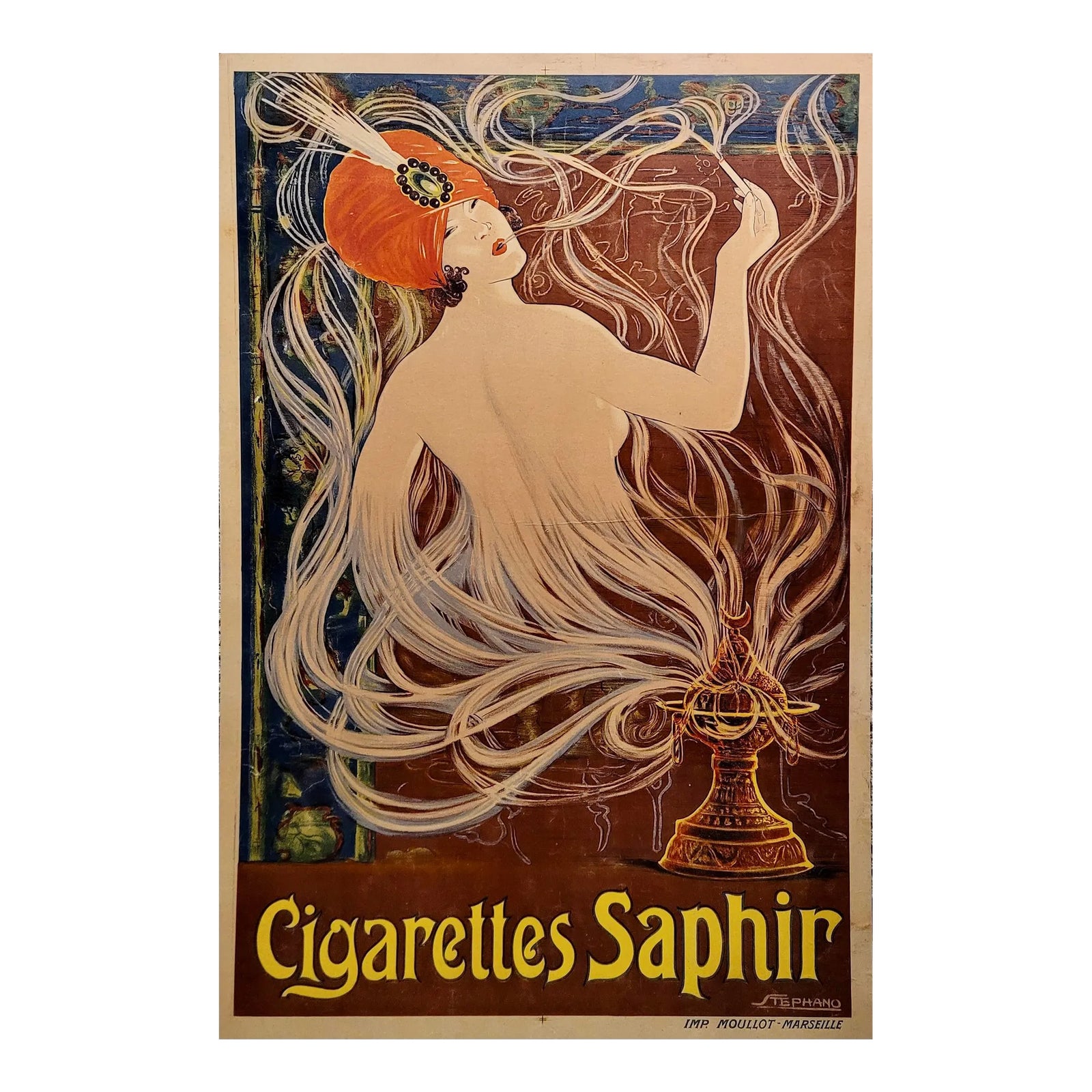 Cigarettes Saphir Original 1925 French Art Nouveau Poster by Stephano ...
