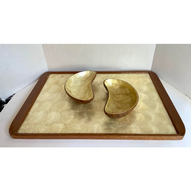 Vintage Capiz Shell Wood Tray and Matching Bowls | Chairish