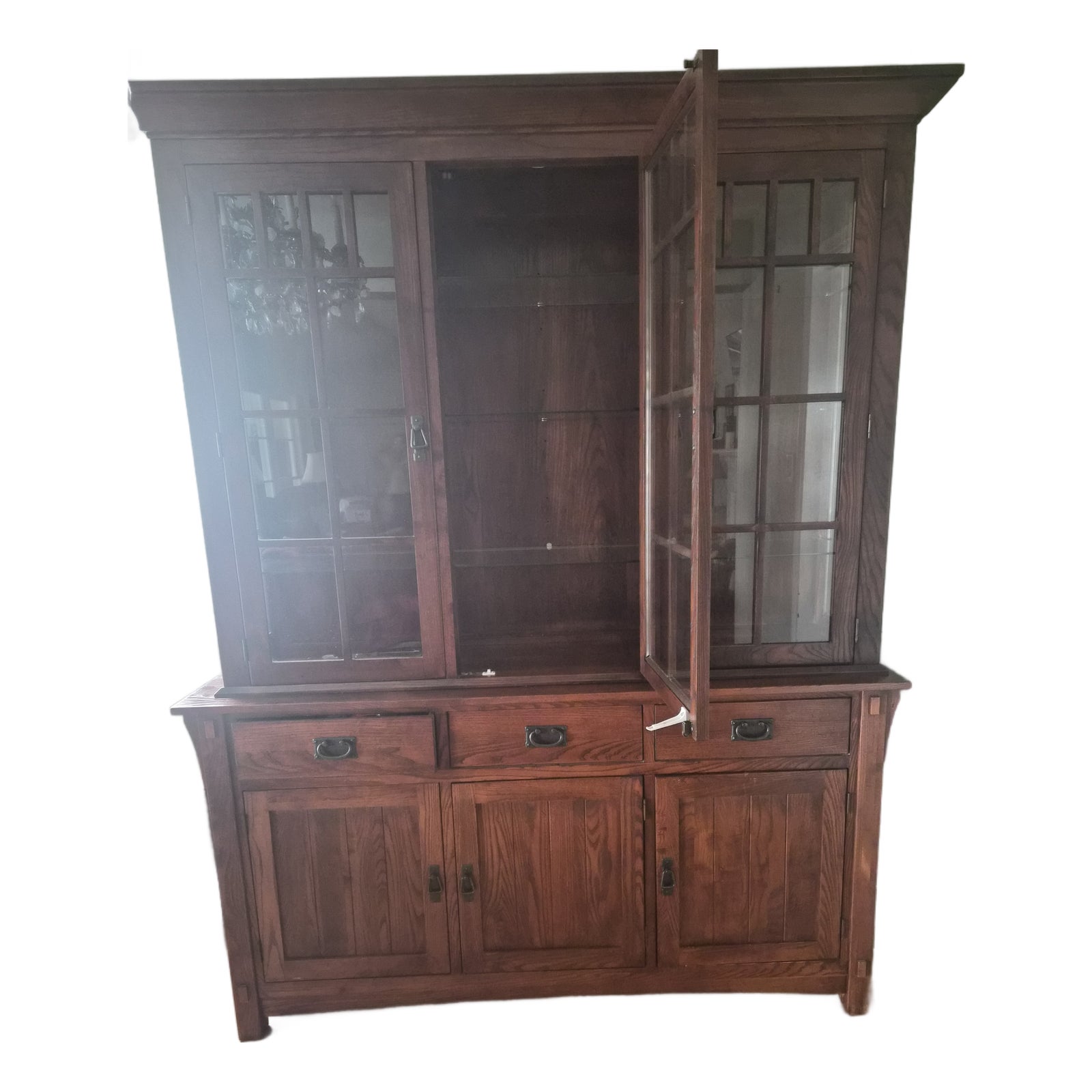 1950s Stickley-Style Mission Oak Lighted China Cabinet Hutch | Arts ...