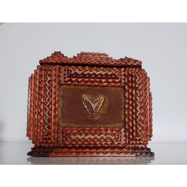 Tramp art matchstick heart box w velvet antique folk art gift jewelry ...